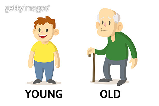 Words young and old flashcard with cartoon characters. Opposite ...
