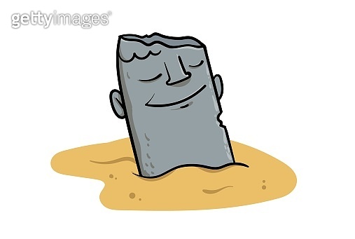 Smiling stone idols sticking out of the sand. Easter Island cartoon ...