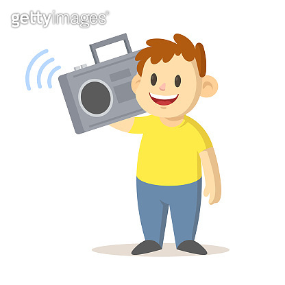 Smiling boy standing a tape recorder in his shoulder, cartoon character ...
