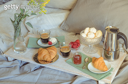 Romantic Breakfast for two in bed. Coffee maker and coffee glasses ...