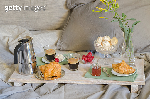 Romantic Breakfast for two in bed. Coffee maker and coffee glasses ...