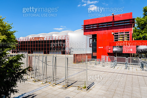 Entrance and ticket office of Le Zenith concert hall in Paris, France ...
