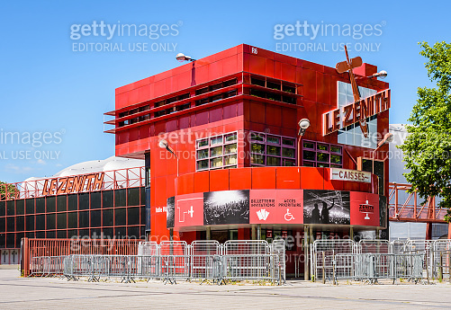 Entrance and ticket office of Le Zenith concert hall in Paris, France ...