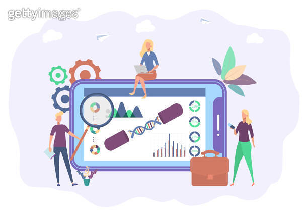 Scientists study DNA and graphics with a magnifying glass on a computer ...