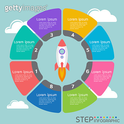 Rocket and sky with geometric shape elements with steps,options ...
