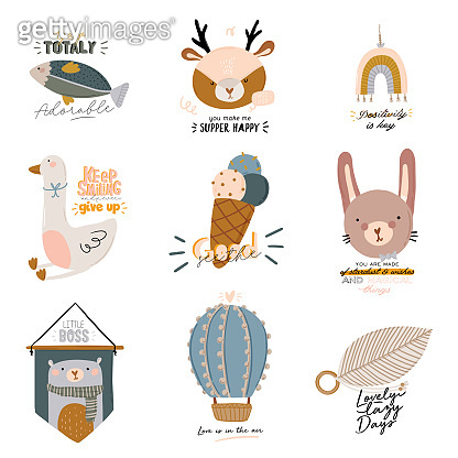 Cute kids scandinavian characters set including trendy quotes and cool ...
