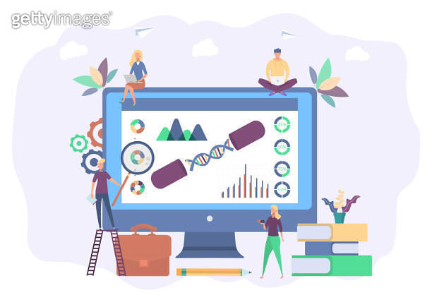 Scientists study DNA and graphics with a magnifying glass on a computer ...
