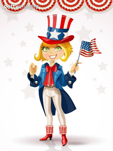Cute blond girl in a suit of Uncle Sam (1261503477) 일러스트, 무료 일러스트 - 게티이미지뱅크