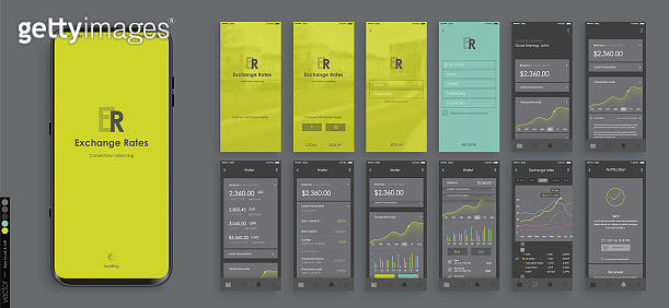 Mobile app design, UI, UX. A set of graphic screens with exchange rate ...