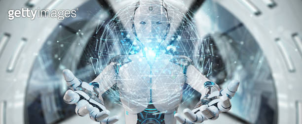 White robot woman on blurred background using digital triangle exploding sphere hologram 3D ...