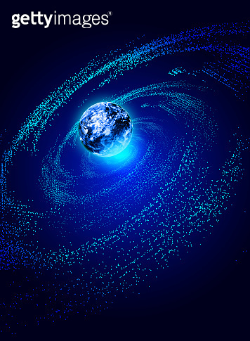 Glowing digital earth, cosmic swirl of particle flow, big data ...
