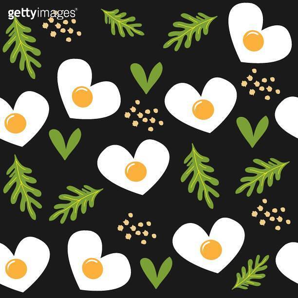 Stock vector illustration with heart shaped fried eggs and leaves spices seamless pattern on ...
