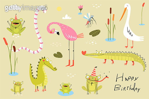 Lizard, frogs, alligators, crocodiles and flamingo with duck or cane ...