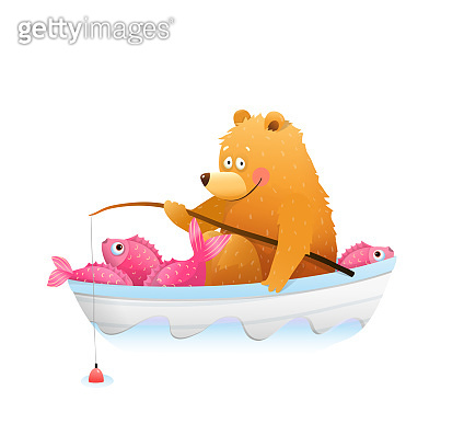 Baby Bear Cub Fishing with Rod Big Catch Cartoon (1255231184) - 게티이미지뱅크