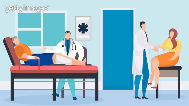 Doctor with patient in hospital vector illustration. Medical injury ...