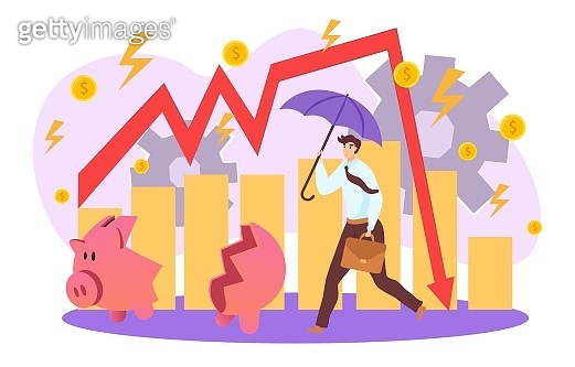 Business problems, financial decrease graph vector illustration. Businessman hand down profit ...