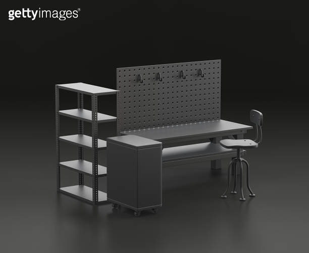 Dark gray single color workshop with workbench in blue background, flat ...