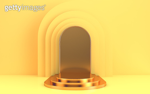 Arc with a podium in yellow colors, minimalistic gold portal, golden ...