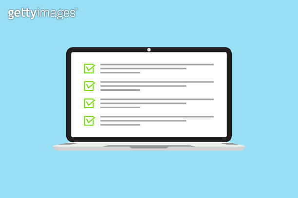 Laptop with a data checklist. Questions concept for the test checkbox ...