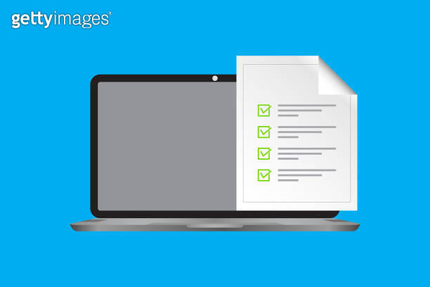 Laptop with a data checklist. Questions concept for the test checkbox ...