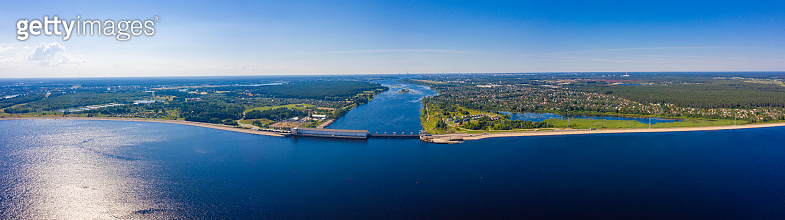Aerial view of the huge dam in Latvia near city of Salaspils and Riga ...