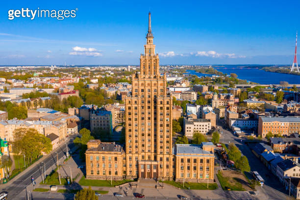 Aerial close up view of the Latvian academy of sciences in Riga, Latvia ...