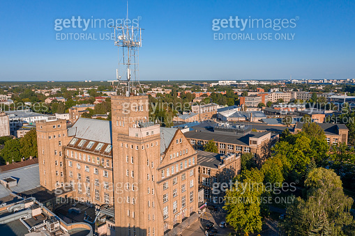 Aerial view over Riga near Jauna Teika district by the VEF castle. Busy ...
