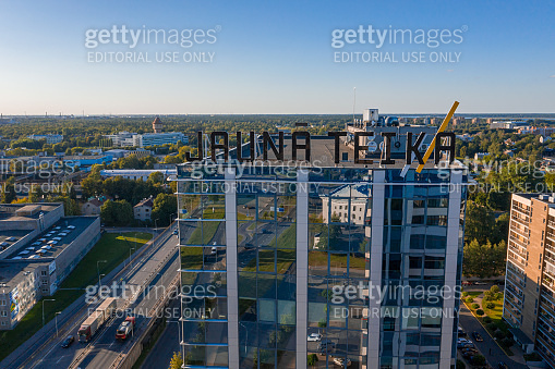 Aerial view of Riga above Jauna Teika new district by the VEF castle ...