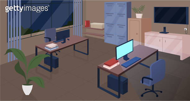 Open space office at night flat color vector illustration 이미지 ...