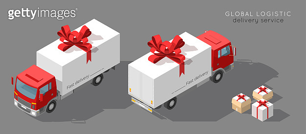 Free shipping vector illustration. Isolated delivery truck with red bow ...