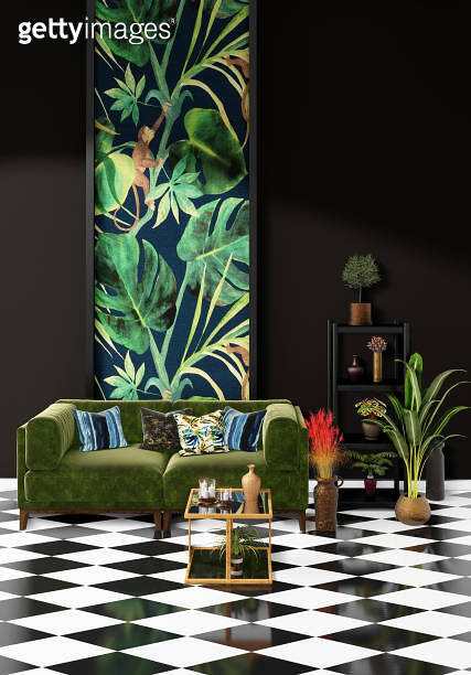 Beautiful Interior design with a jungle printed feature wall 이미지 ...