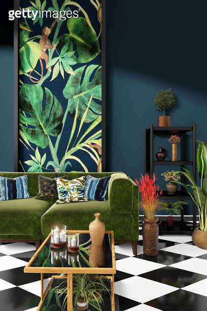 Beautiful Interior design with a jungle printed feature wall 이미지 ...