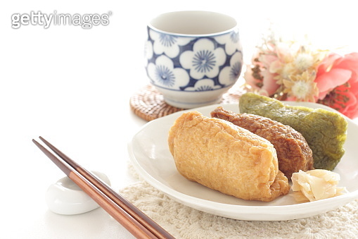 Japanese food, assorted inari-zushi rice and tofu skin on dish ...