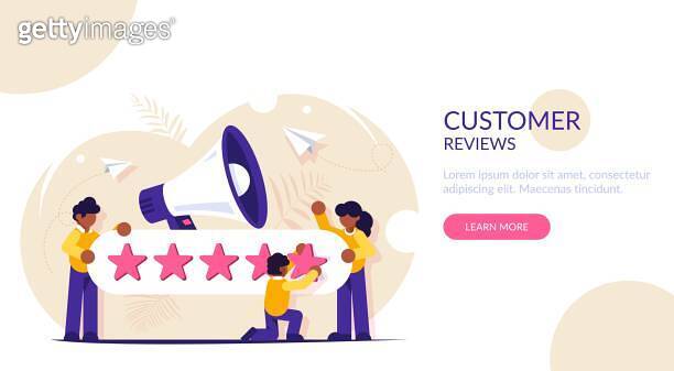 Customer Reviews. People characters giving five star Feedback. Clients ...