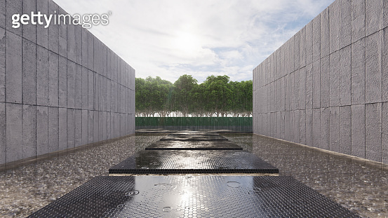 Black walk way float on the pond ,has wall concrete beside , and ...