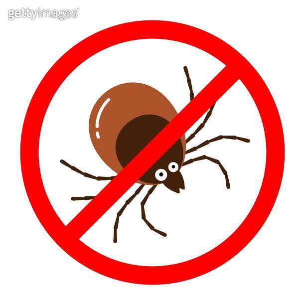 Red round anti tick warning sign with detailed tick insect bug ...