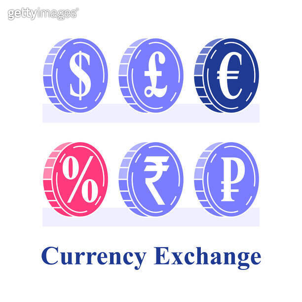 Currency exchange, rupee and ruble symbols, euro and pound coins ...