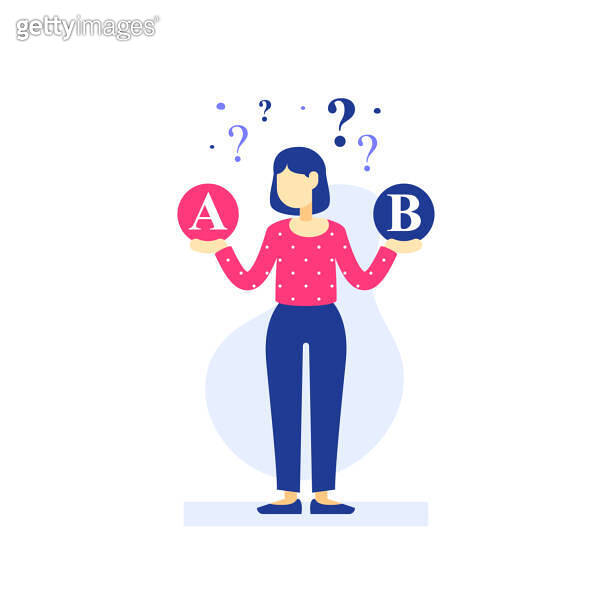 Woman thinking, decision making, difficult choice, choose between two ...
