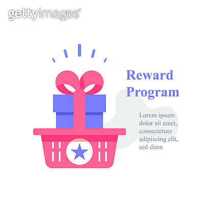 Gift box in basket, reward program, loyalty present, incentive concept ...