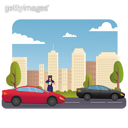 Police Officer Character in Uniform Write Fine on Road to Intruder. Law ...