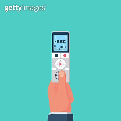 Voice recorder in hand. Journalist holds dictaphone, recorder. 이미지 ...