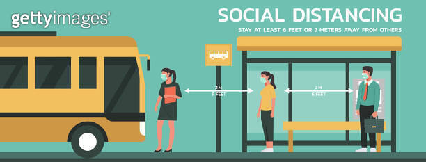 man and woman keep distance from others at bus stop 이미지 (1253805036 ...