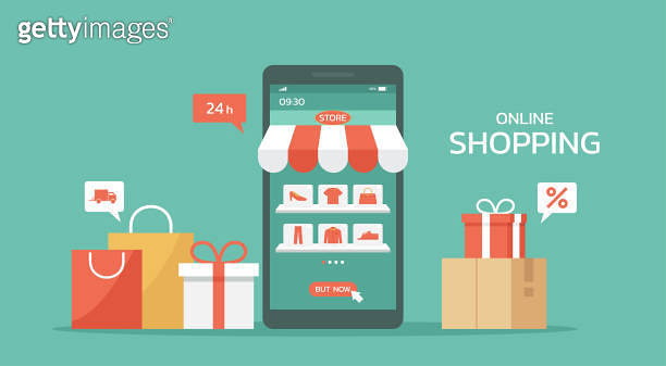 digital store and e-commerce with icons on the shelf on the smartphone ...