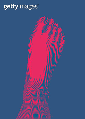 Engraving human foot fingers and nail vector illustration on blue BG ...