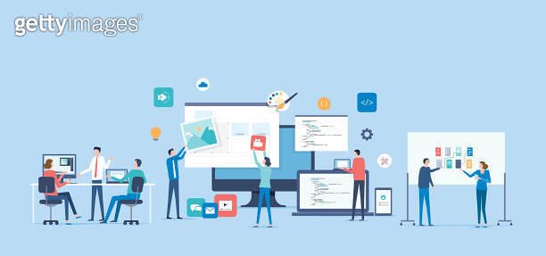 web design and mobile application design process concept with designer and developer team ...