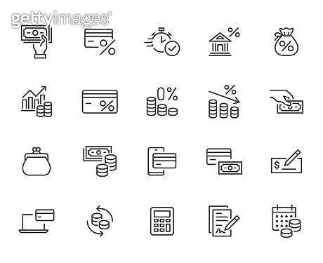 Money loan line icon set. Credit score, low interest, discount card ...