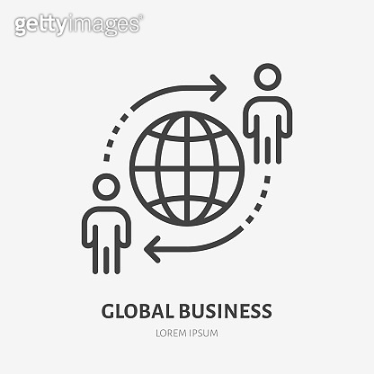 Global business line icon, vector pictogram of globe with businessman ...