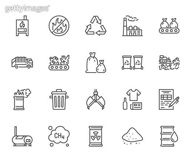 Waste recycling flat line icons set. Garbage bag, truck, incinerator ...
