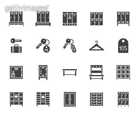 Locker room flat glyph icons set. Gym, school lockers, automatic left ...