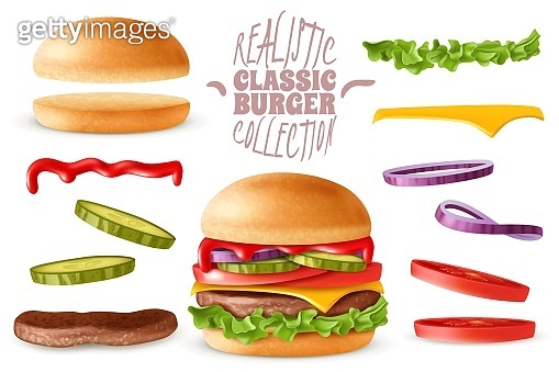Realistic classic burger elements set. Realistic ready classic Burger ...